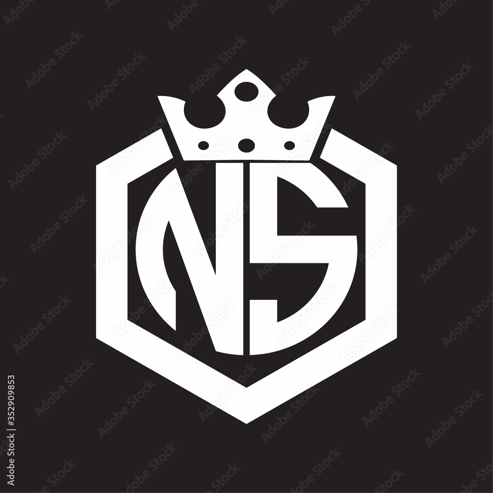 NS Logo monogram rounded by hexagon shape with crown design template ...