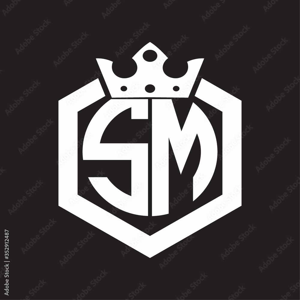 SM Logo monogram rounded by hexagon shape with crown design template ...
