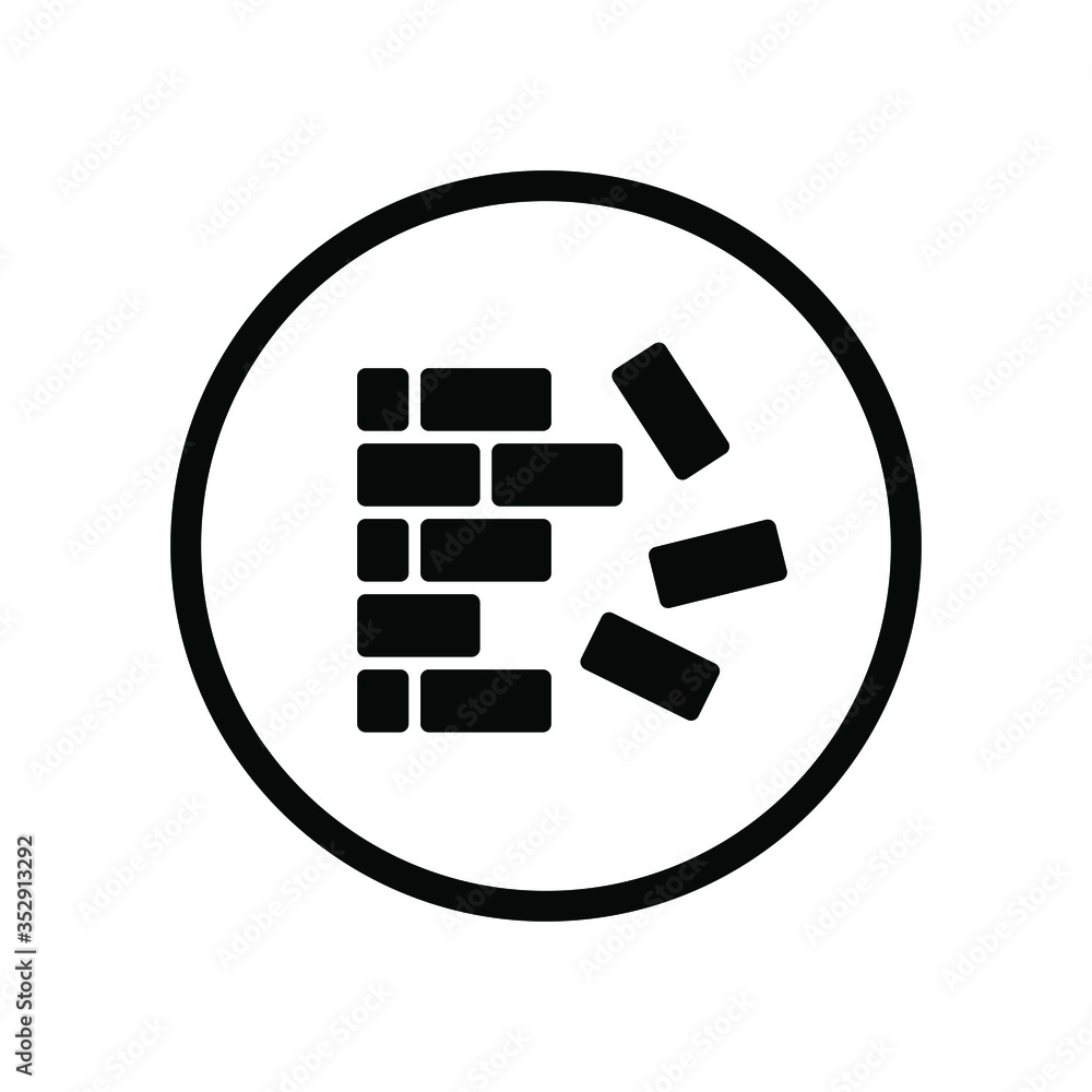 Black round brick wall with falling bricks icon, simple unsafe sign ...