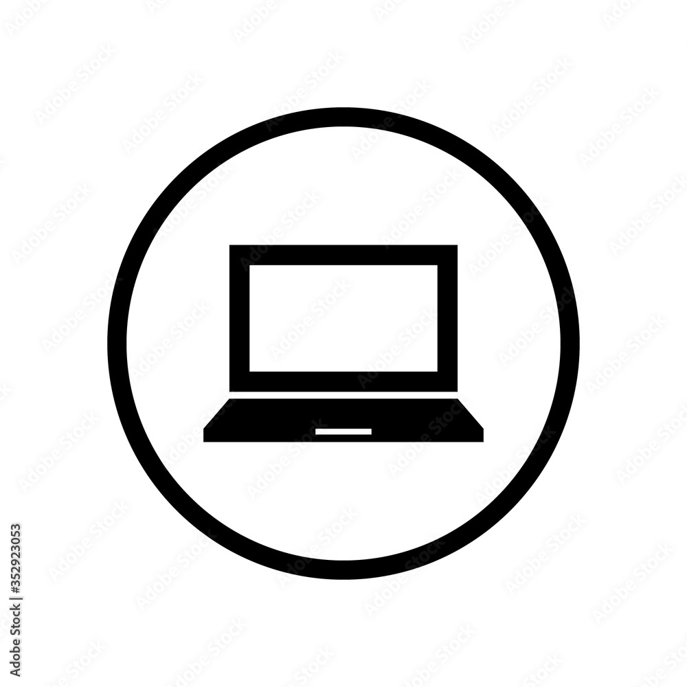 Black round laptop screen monitor icon, simple clear button sign ...