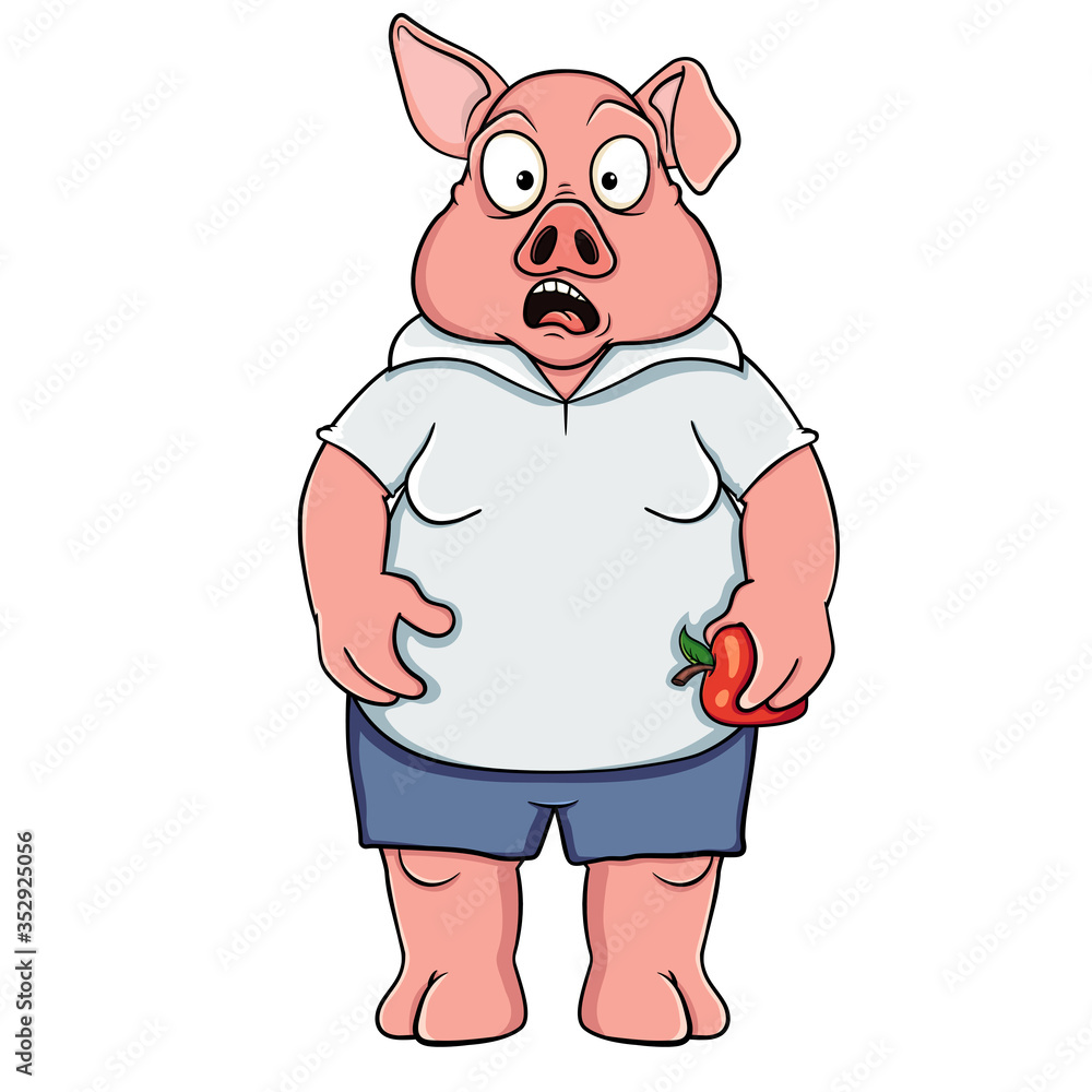 Cartoon scared pig in clothes and with an apple in his hand. Isolated ...