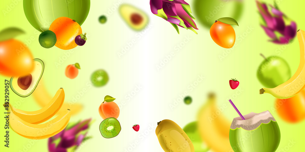Exotic summer food background with banana, green coconut, dragon fruit ...