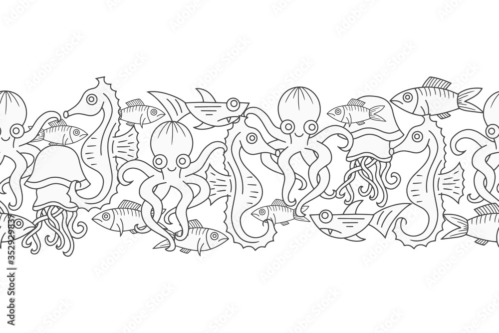 Outline underwater animals seamless border. Octopus, shark, jellyfish ...