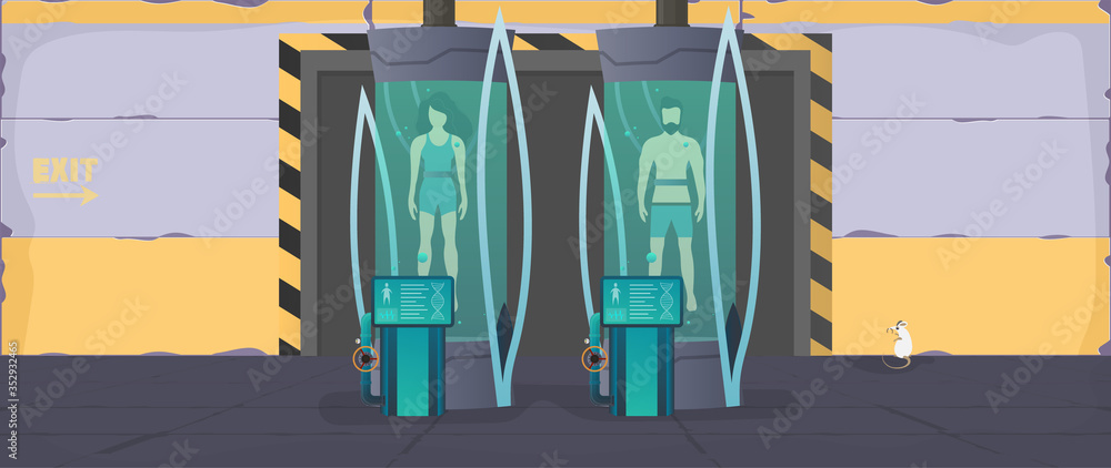 Futuristic laboratory with cryogenic capsules or containers. Cryon ...