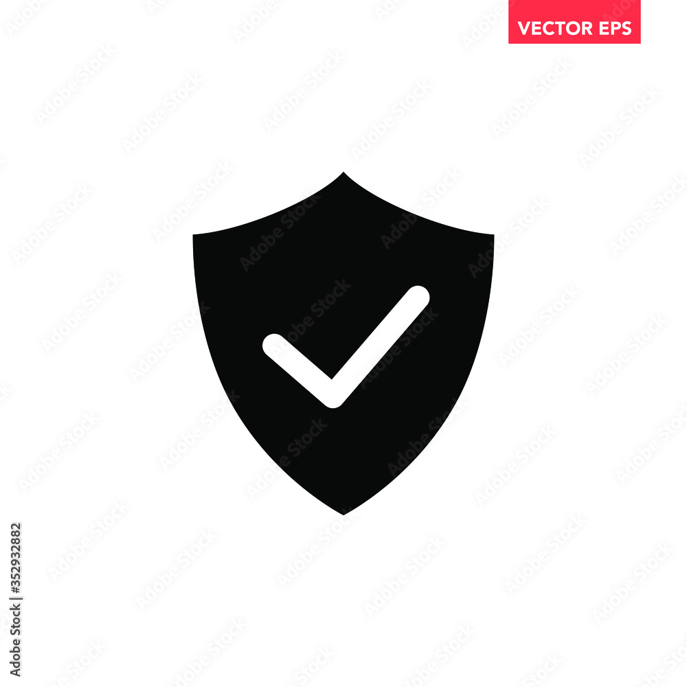 Black shield with check mark filled icon, simple ok confirmation shape ...