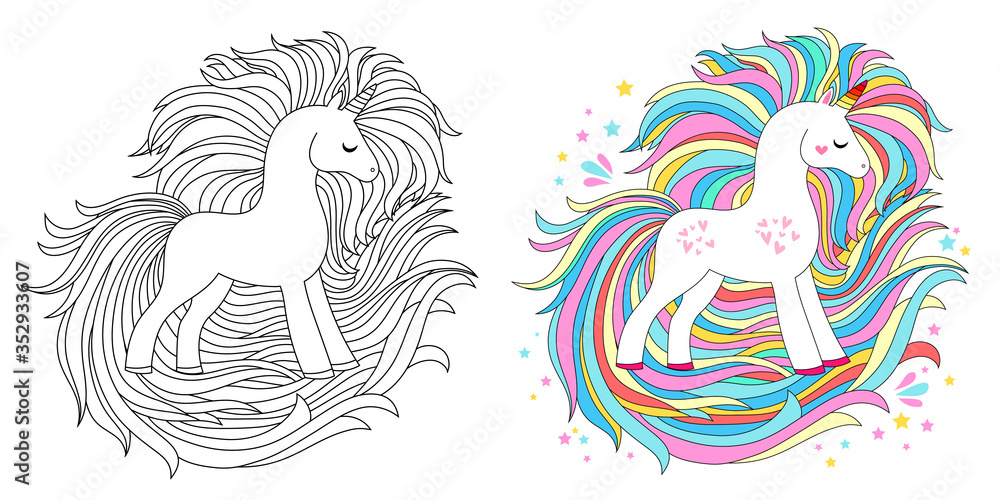 Cute unicorn line and color. Vector illustration for coloring book ...