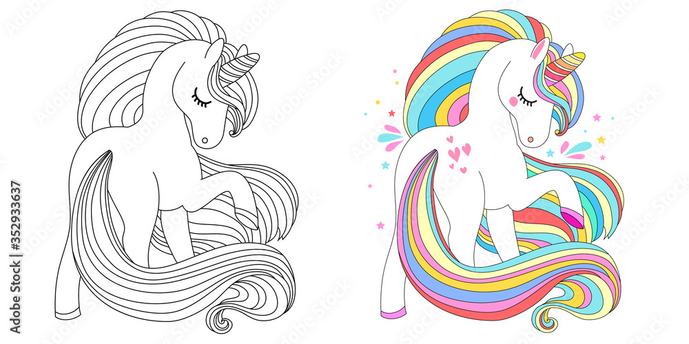 Cute unicorn line and color. Vector illustration for coloring book ...