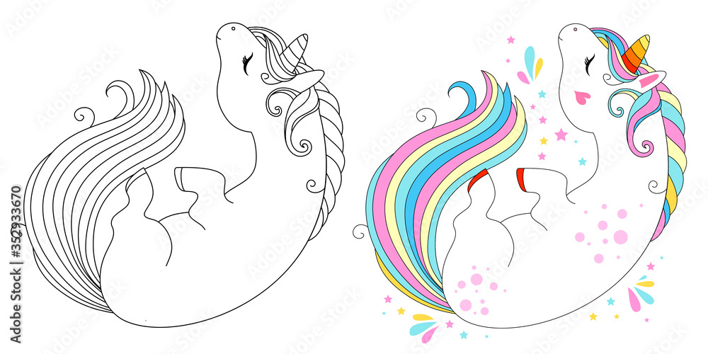 Cute unicorn line and color. Vector illustration for coloring book ...