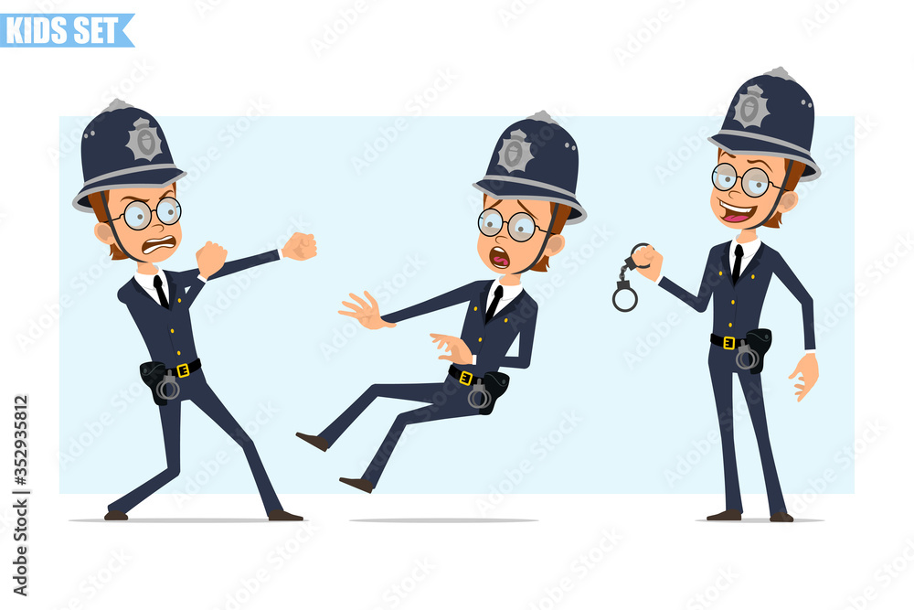 Cartoon flat funny british policeman boy character in helmet, glasses ...