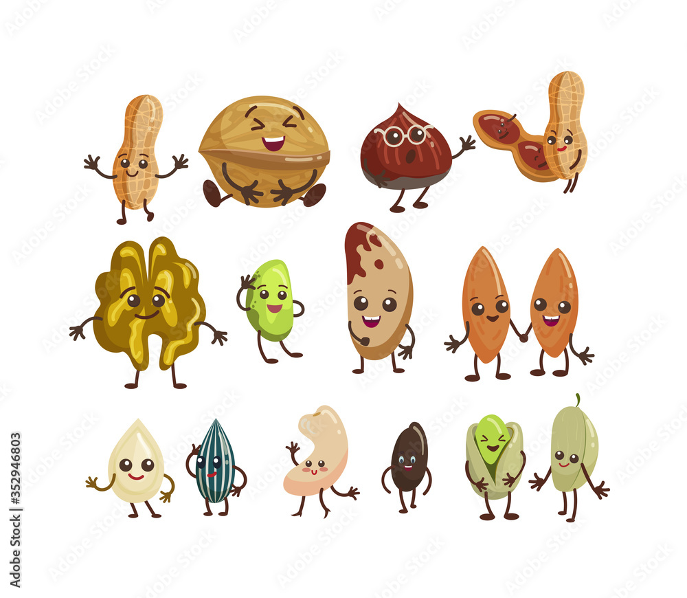Cute nut characters flat icon set. Cartoon funny walnut, pistachio ...