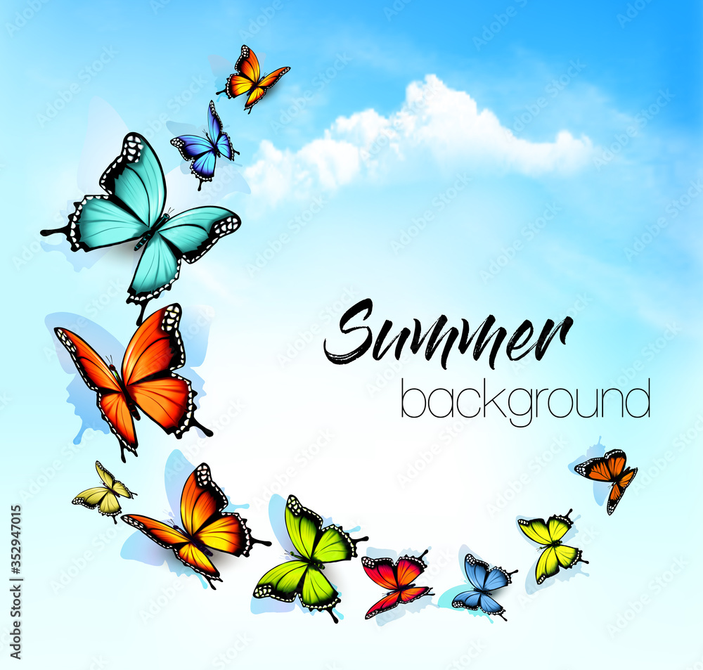 Summer nature background with a colorful butterflies and blue sky with ...