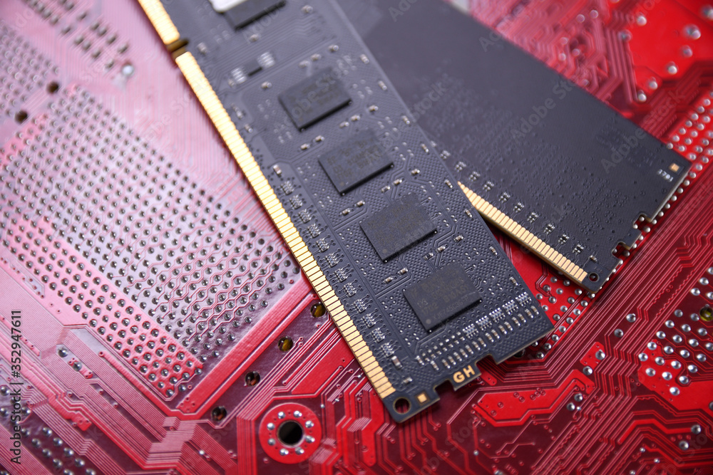 Computer memory RAM on motherboard background . Close up. system, main ...