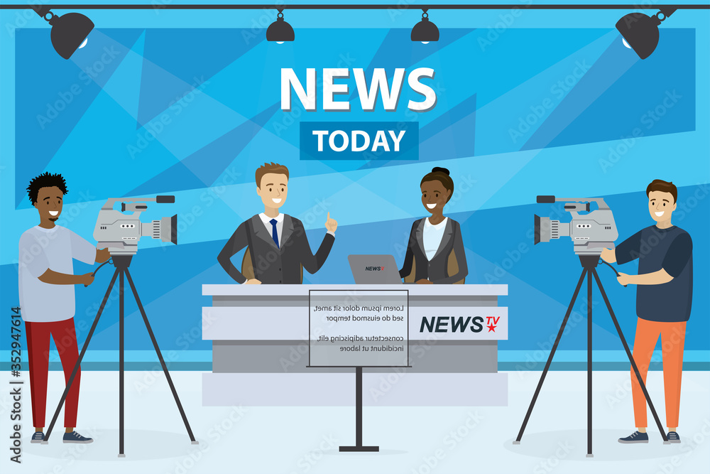 TV news. Anchorman and woman speaker talking in modern television ...