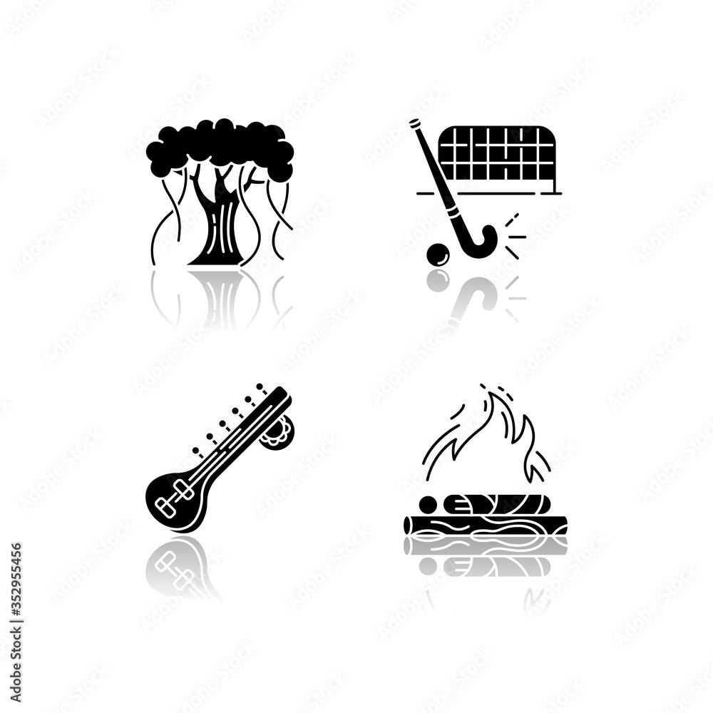 Indian culture drop shadow black glyph icons set. Religious ritual ...