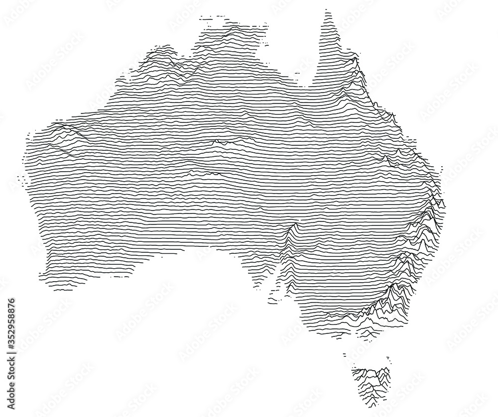 Simple abstract map of Australia showing elevation as stacked lines ...
