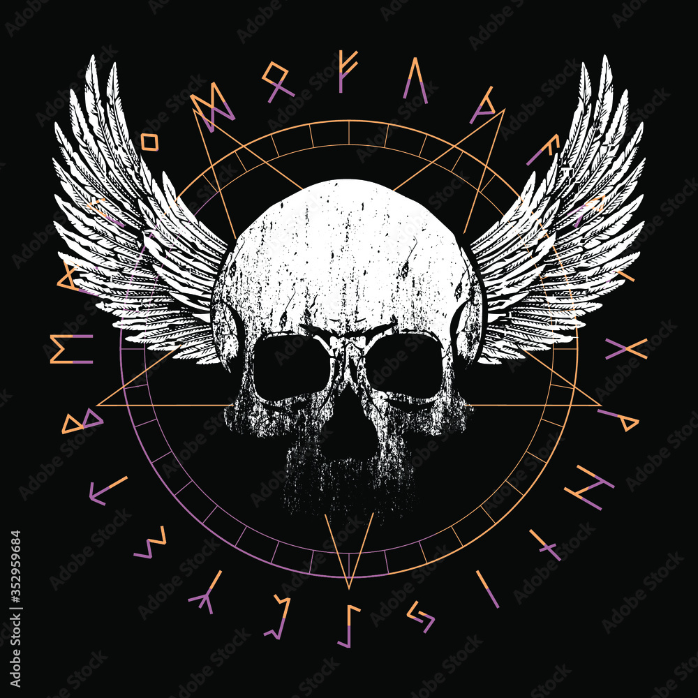 T-shirt vector design of a skull over an inverted star and runic ...