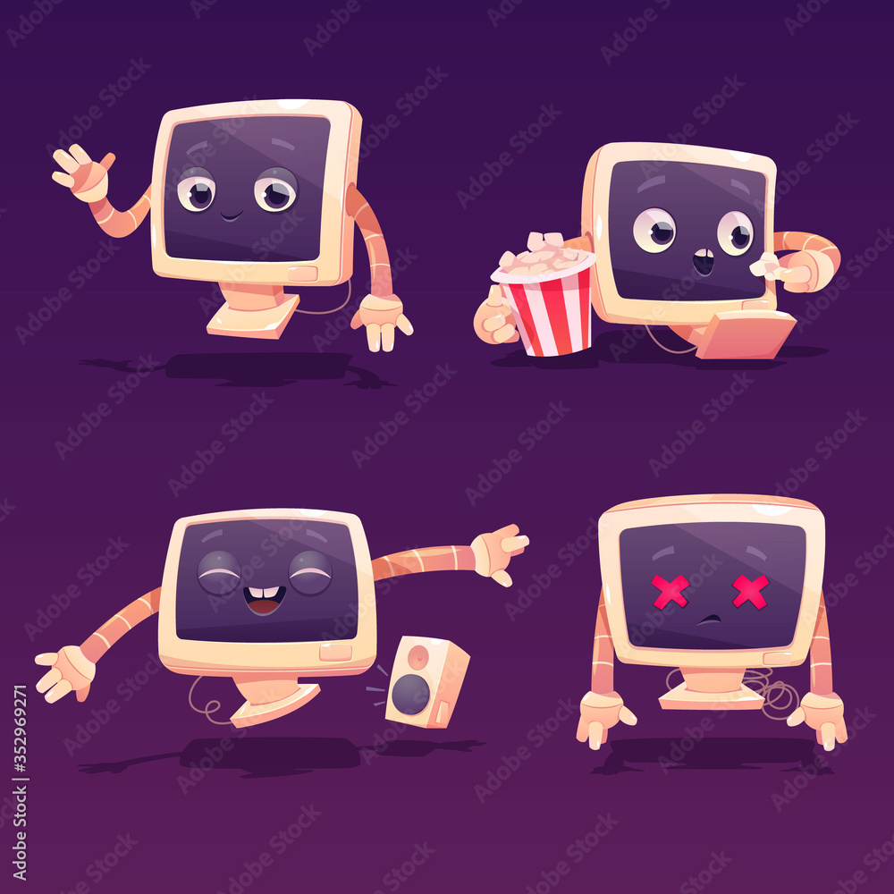 Cute computer character in different poses. Vector set of cartoon chat ...