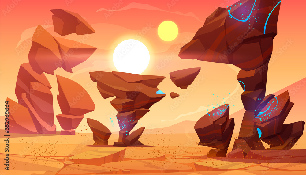 Alien planet desert in cosmos. Mars landscape with ocher ground surface ...