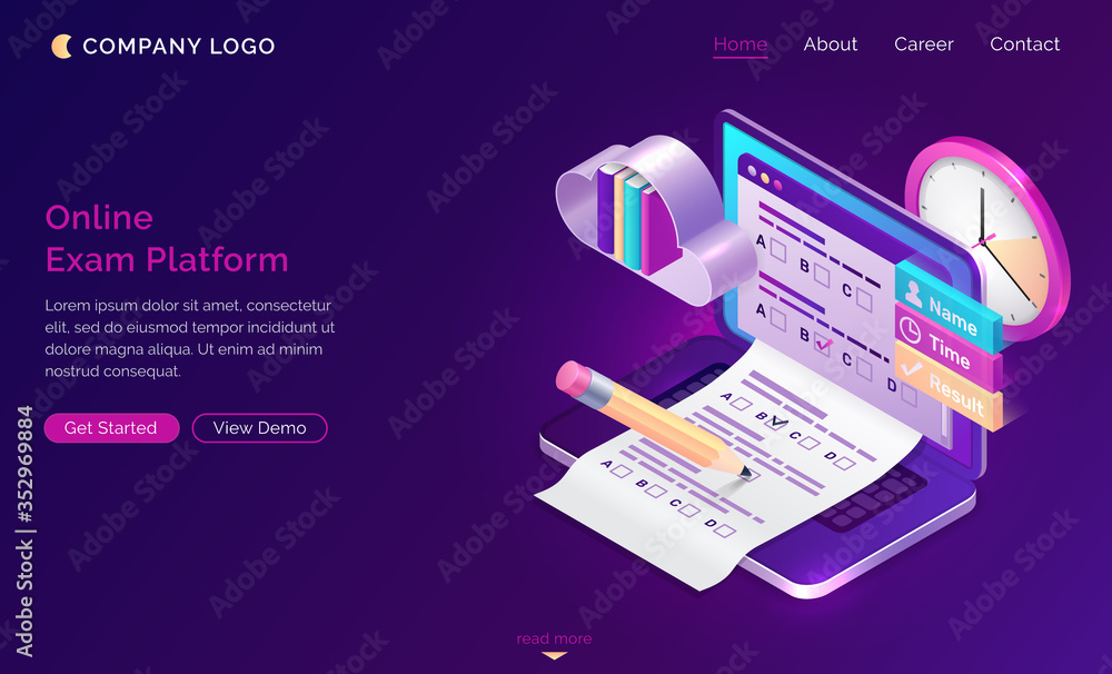 Online exam platform isometric landing page. Laptop with test or quiz ...
