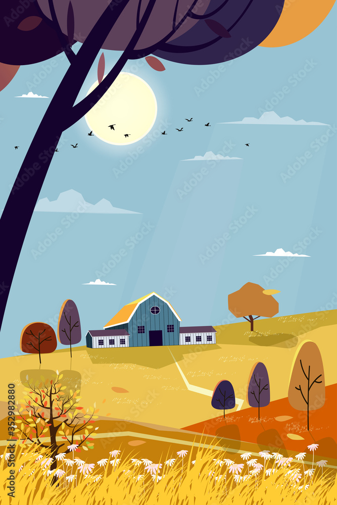 Vector landscapes of Countryside in autumn,Panorama Mid autumn with ...