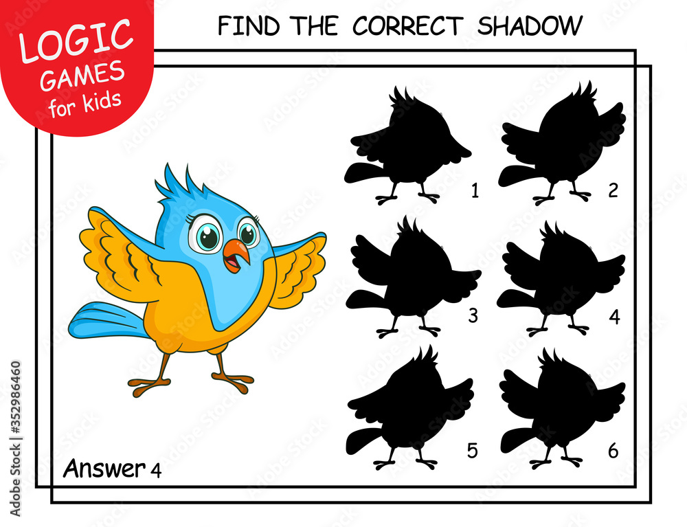 Find the correct shadow Bird. Cute cartoon Parrot. Educational matching ...