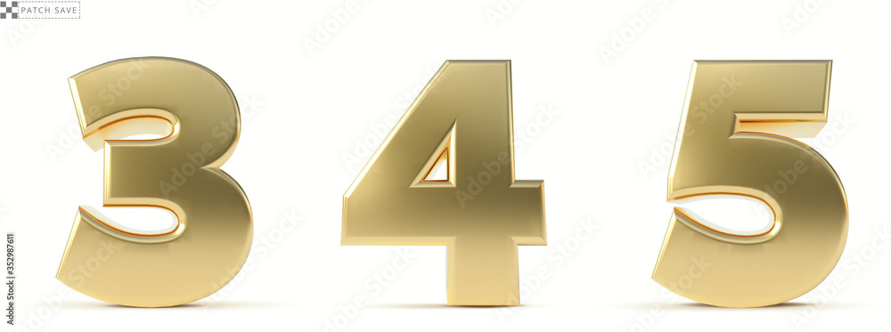 Alphabet Gold. Numbers 3, 4, 5, gold realistic 3d render. Ilustration isolated a white ...
