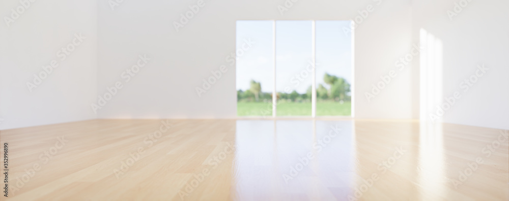 3d rendering of empty room and wood floor shiny reflection with clear ...