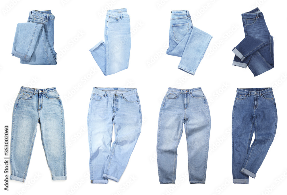 Set with stylish jeans on white background. Banner design Stock Photo ...
