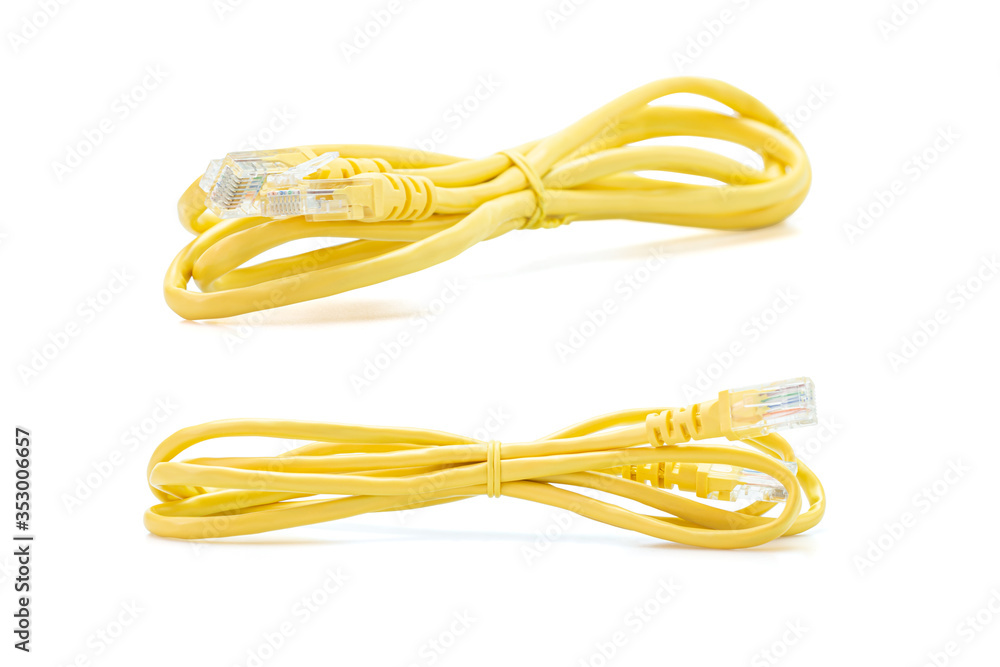 Lan cable yellow and connector isolated on white background with ...