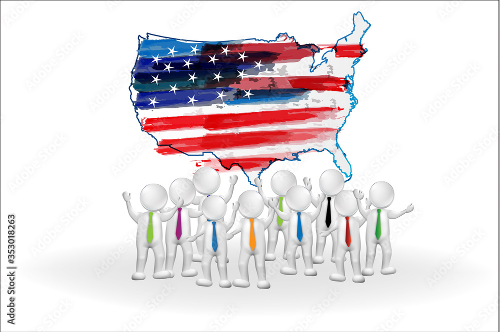3D teamwork people around USA American flag map vector logo watercolor ...