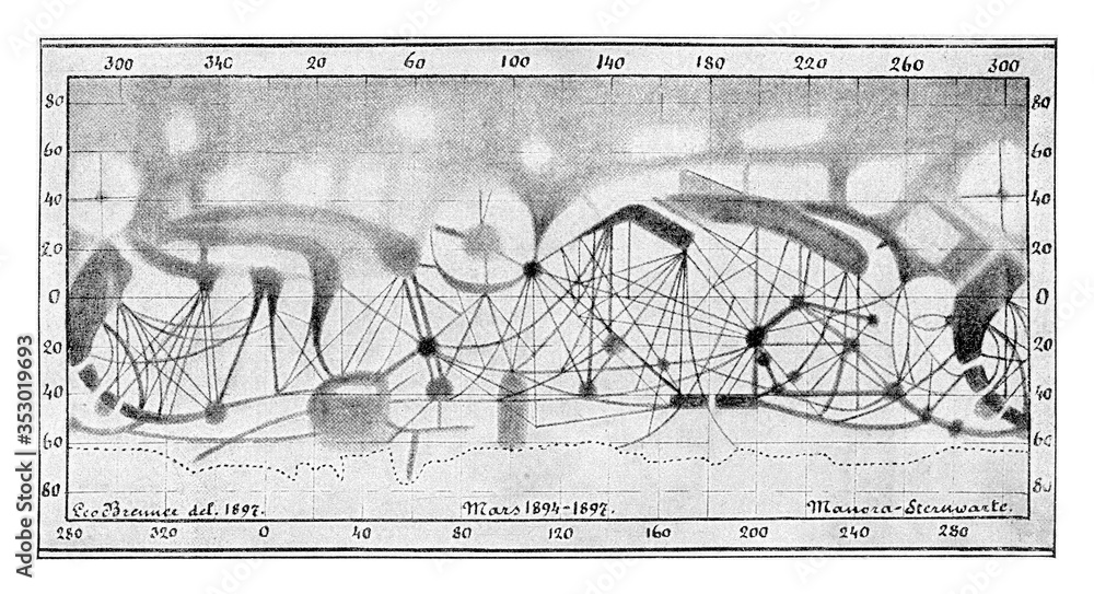 Map of the planet Mars with the projection of Mercator, vintage ...