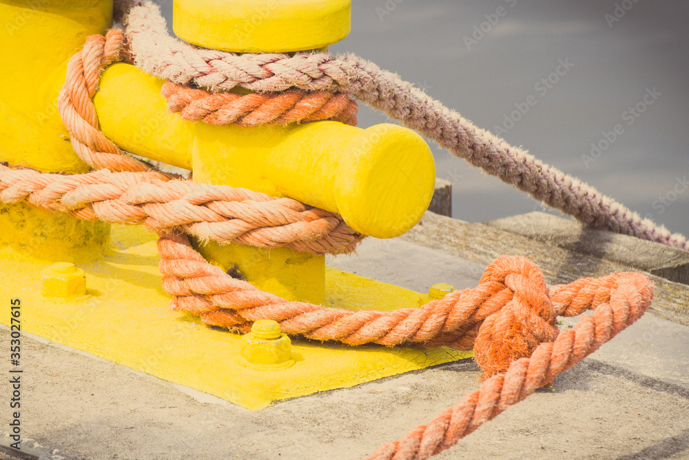 Vintage photo, Rope and mooring bollard in port, parts and detail of ...