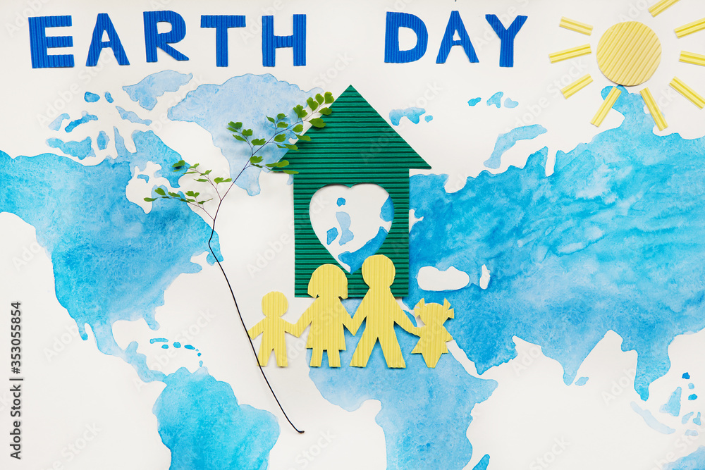 Paper figures of people, family, house, sun, tree, text Earth Day on ...