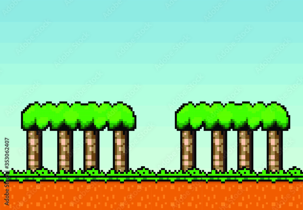 Retro 8bit Platformer Background with trees asset for games Stock ...