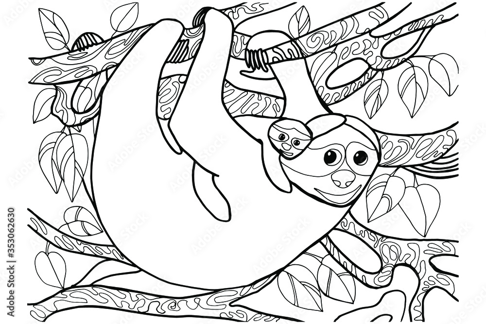 Coloring book with a sloth mom and baby. Zoo, fluffy lively on the ...