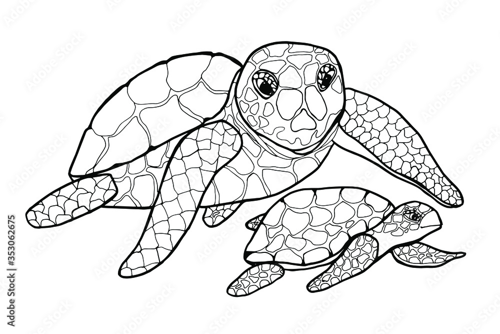 Coloring book with sea turtles. Mom and baby. Design for children and ...