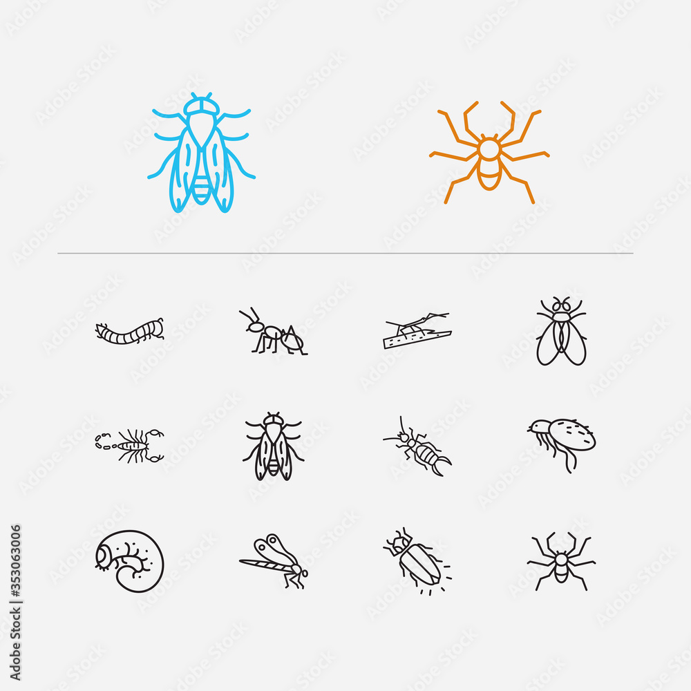Bug icons set. Ant and bug icons with poisonous, dragonfly and grub ...