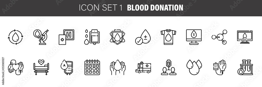 Hematology flat line icons set. Blood cell, vessel, sphygmomanometer ...