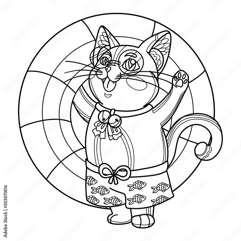 Funny summer cartoon illustration. A cat in sunglasses with a lifebuoy ...