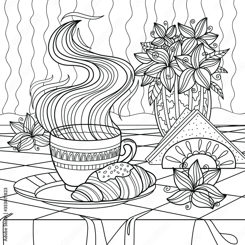 Breakfast with cup of coffee or tea and with croissant. Vector outline ...