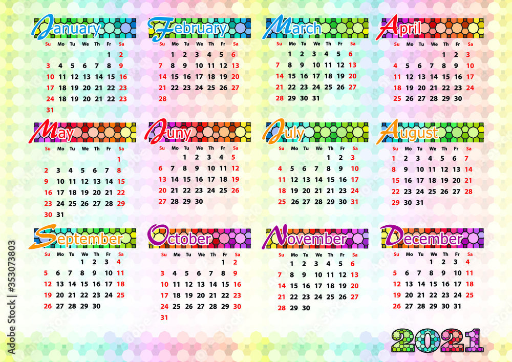 Vector simple colorful calendar of 2021 year. American version. EPS 10 ...