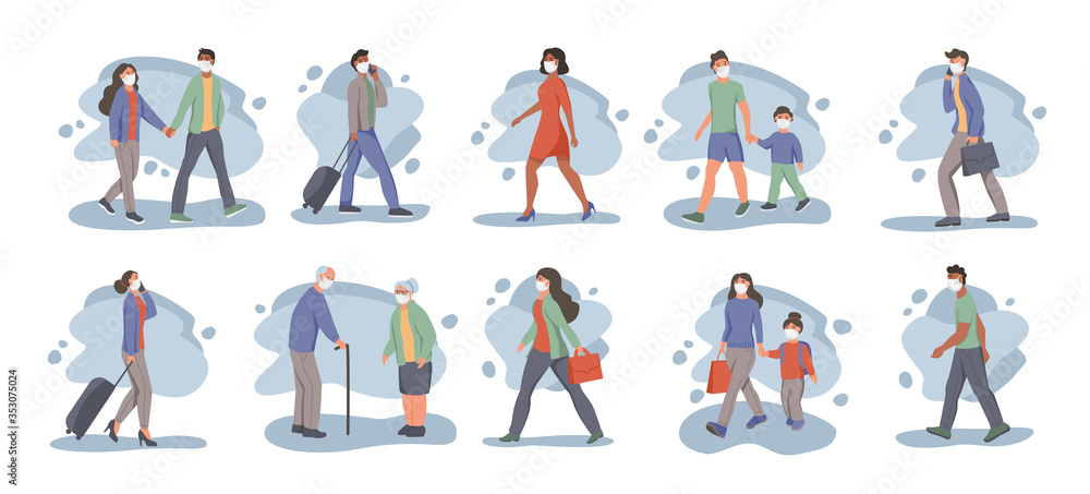 Men and women in protective face dust masks. People wearing protection ...