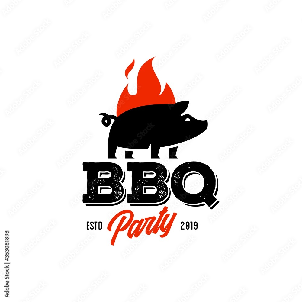 Vintage hipster Grill Barbeque pig pork icon on fire flame invitation ...