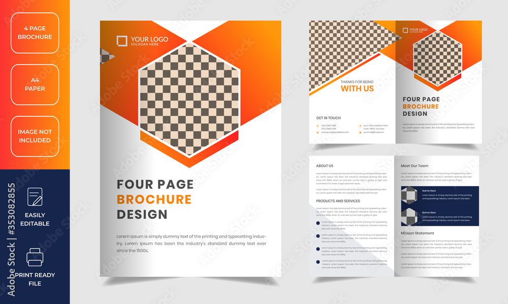 4 page Brochure, Modern orange and deep blue design template for ...