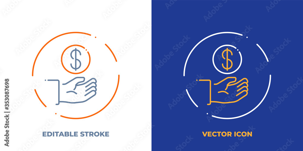 Hand with coin line art vector icon with editable stroke. Outline ...