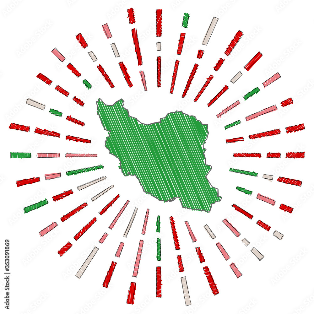 Sketch map of Iran. Sunburst around the country in flag colors. Hand ...