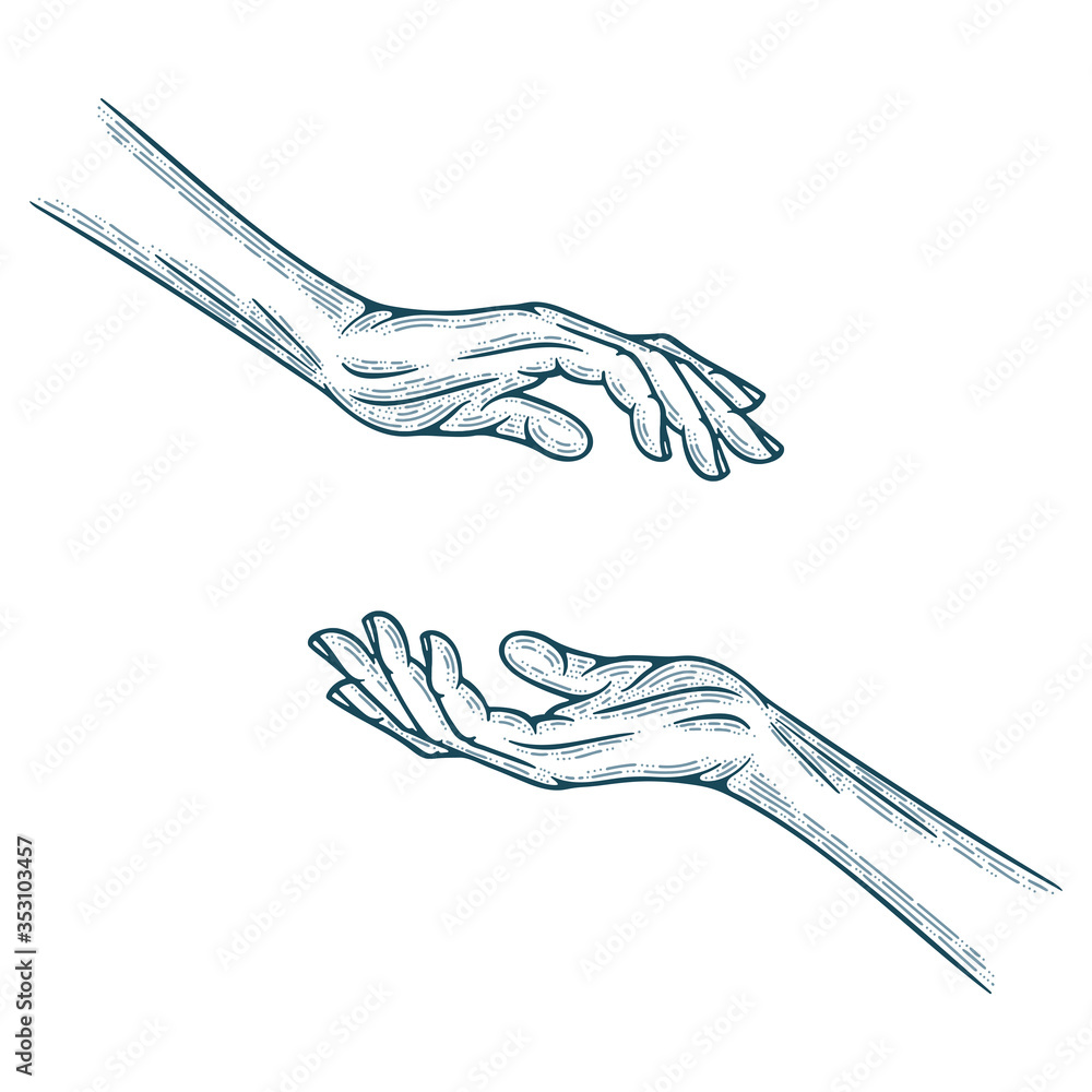 Hand palms engraving style vector illustration. Protect and care ...