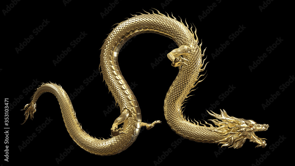 Full body gold dragon in bend body pose with 3d rendering include alpha ...