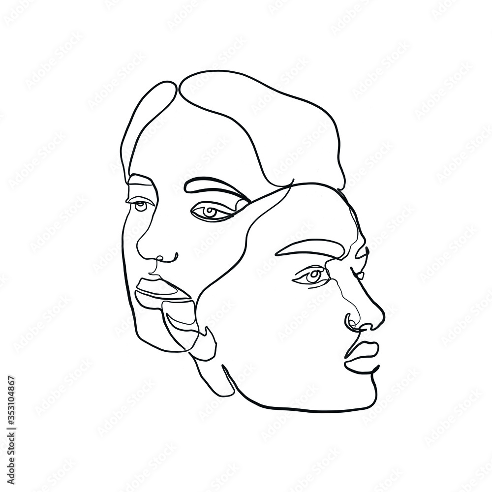 Linear lovers. Man and woman faces in minimal style. One continuous ...