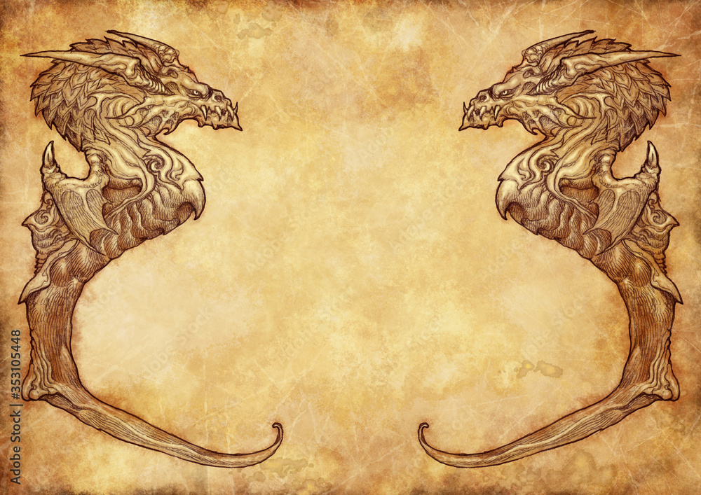 Old paper scroll with ornamental dragons Stock Illustration | Adobe Stock